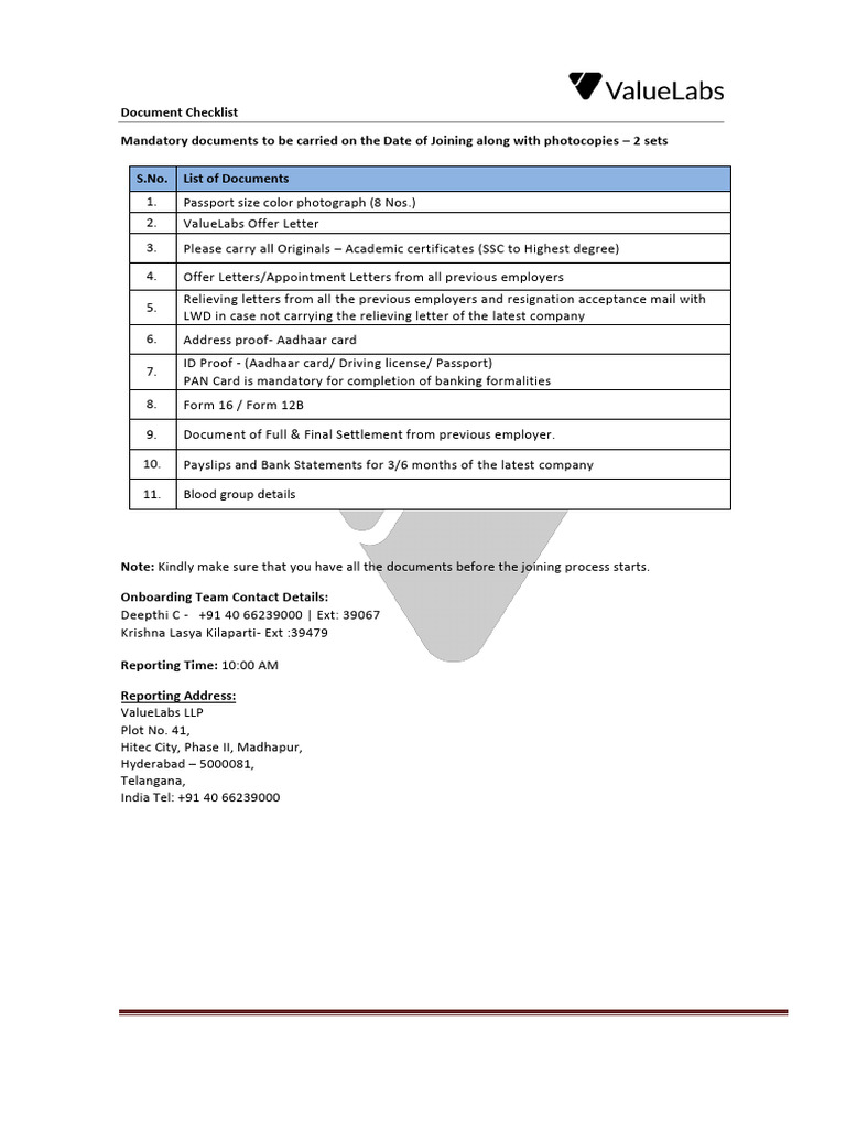 New Joiner - Document Checklist (Hyderabad) | PDF