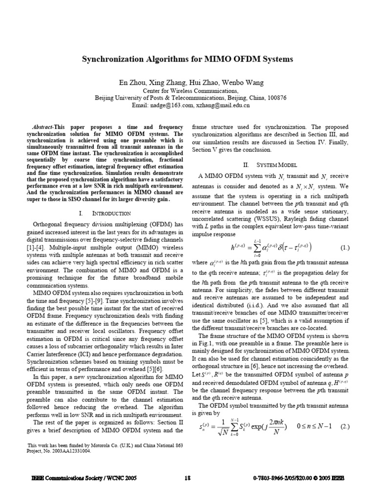 Synchronization Algorithms For MIMO OFDM Systems | PDF | Orthogonal Frequency Division ...