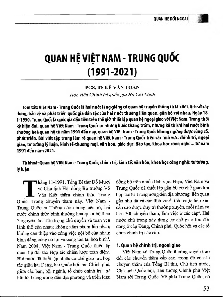 BB Quan Hệ Việt - Trung (1991 - 2021) - Lê Văn Toan | PDF