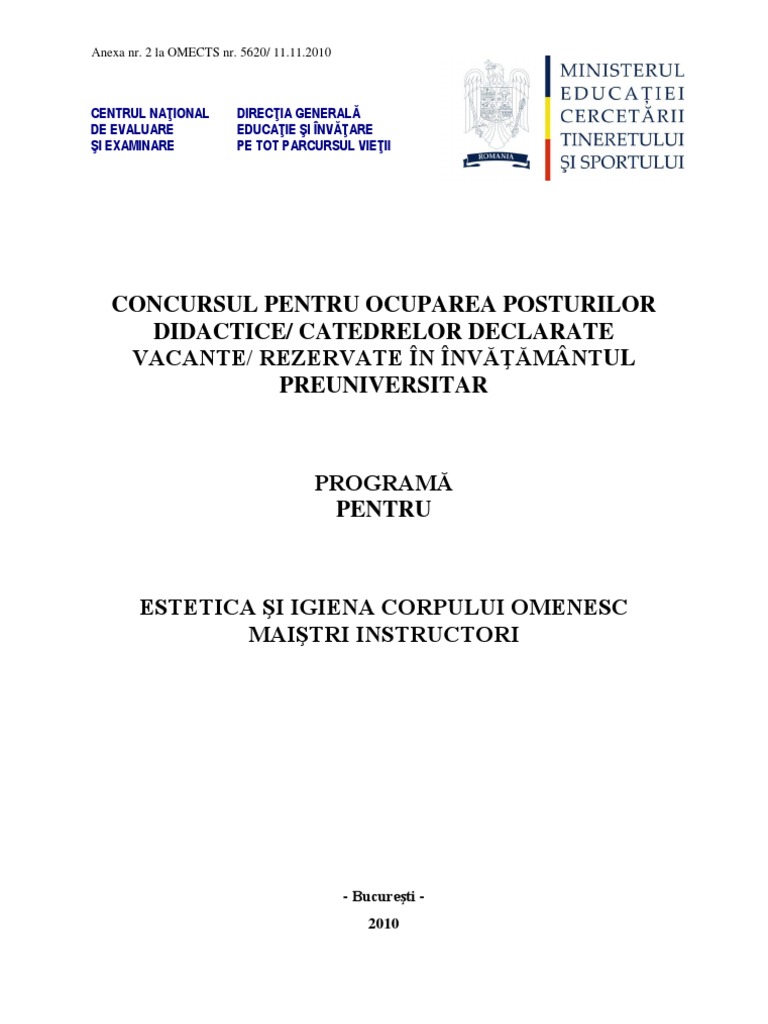 Estetica Si Igiena Corpului Omenesc Programa Titularizare 2010 M | PDF