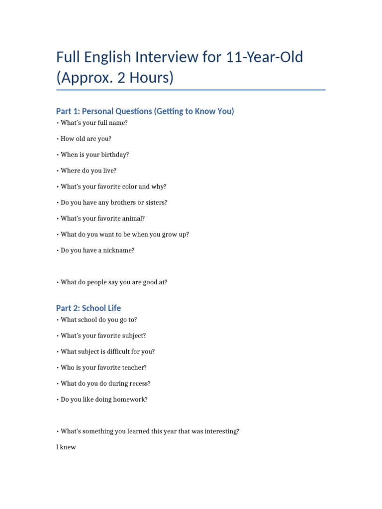 English Interview Guide for Kids | PDF