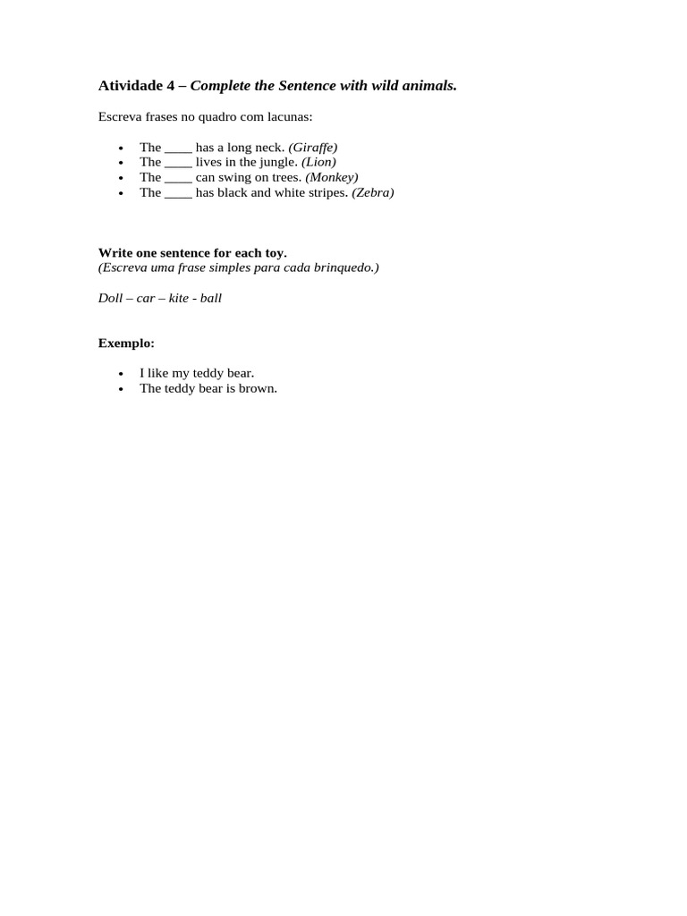 Wild Animals Sentence Completion Activity | PDF