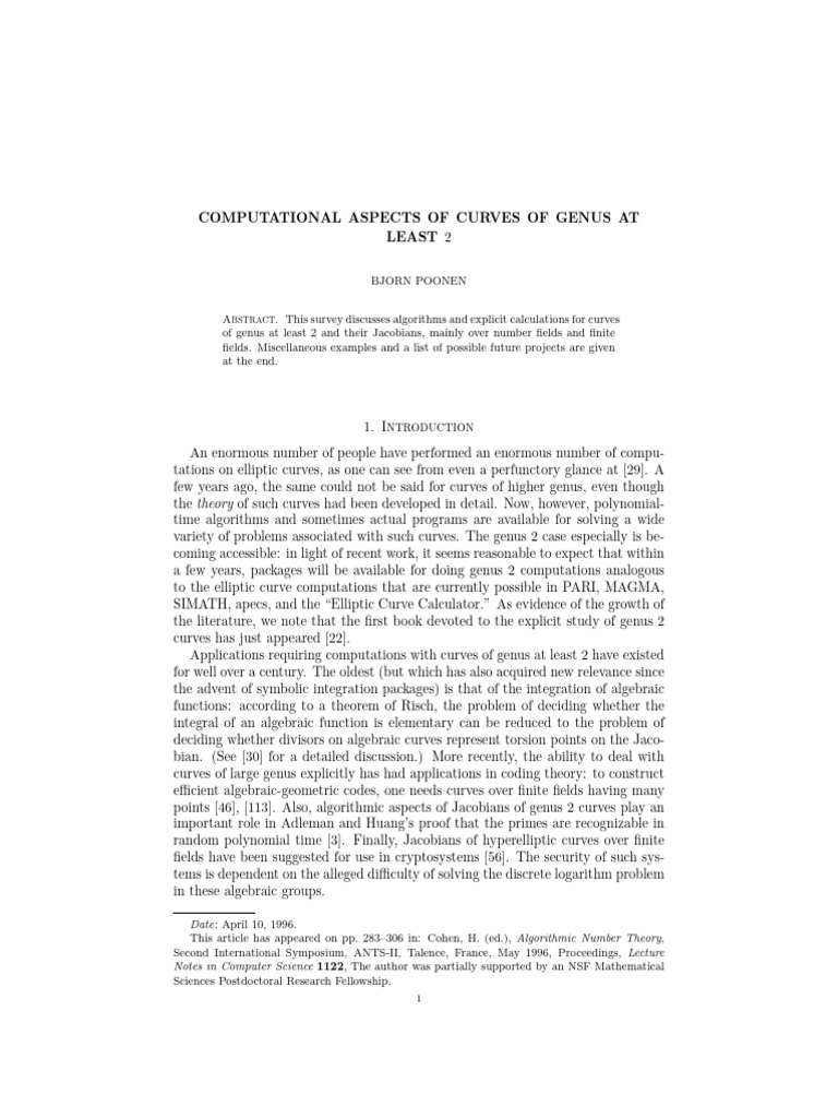 Poonen Computational Aspects of Curves of Genus at Least 2 | PDF ...