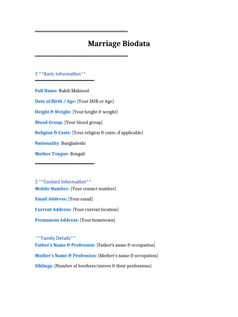 Western Styled Marriage Profile Rakib Mahmud | PDF