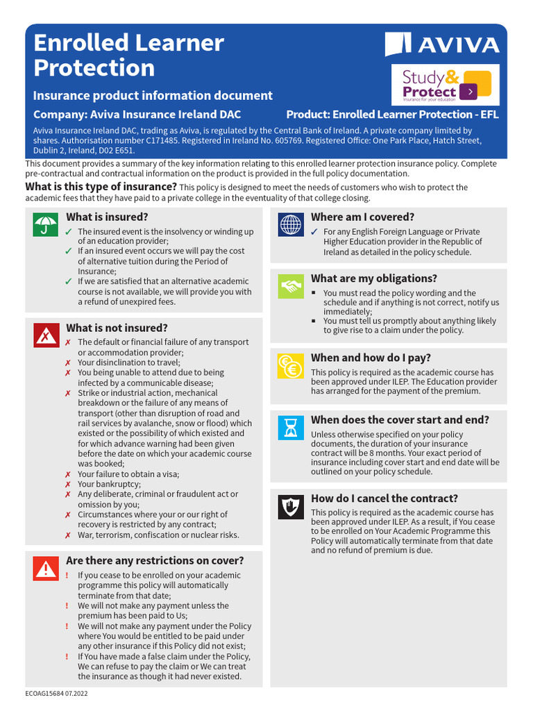 Aviva Enrolled Learner Insurance Guide | PDF | Insurance | Business Law