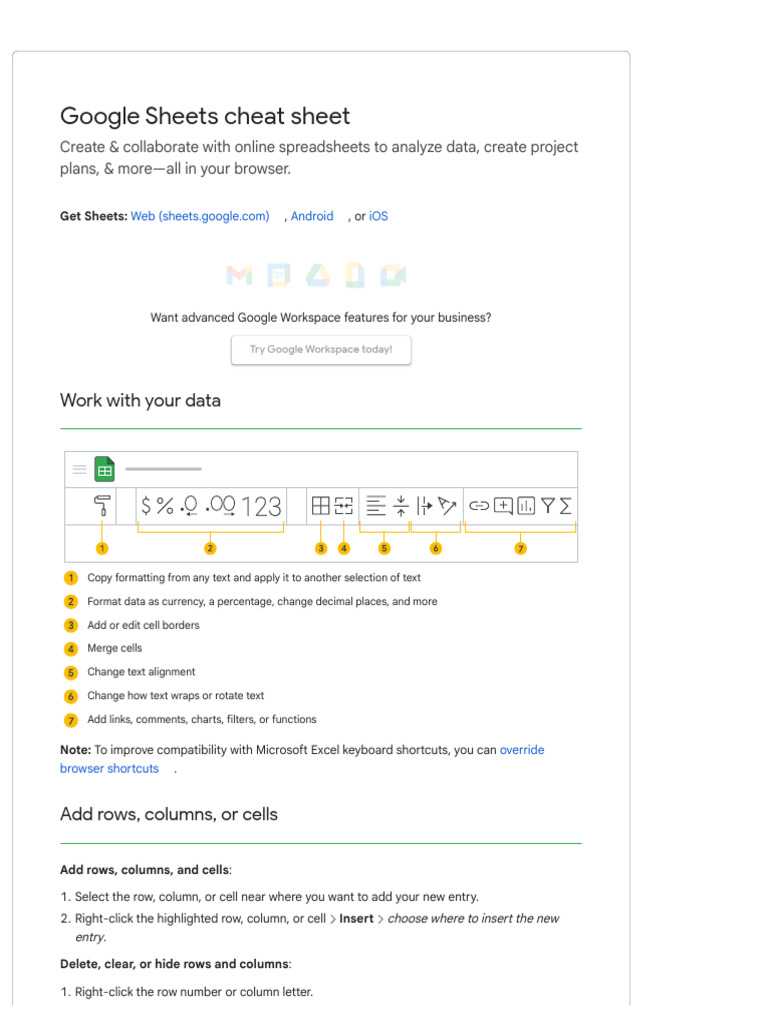 Google Sheets Cheat Sheet - Google Workspace Learning Center | PDF ...