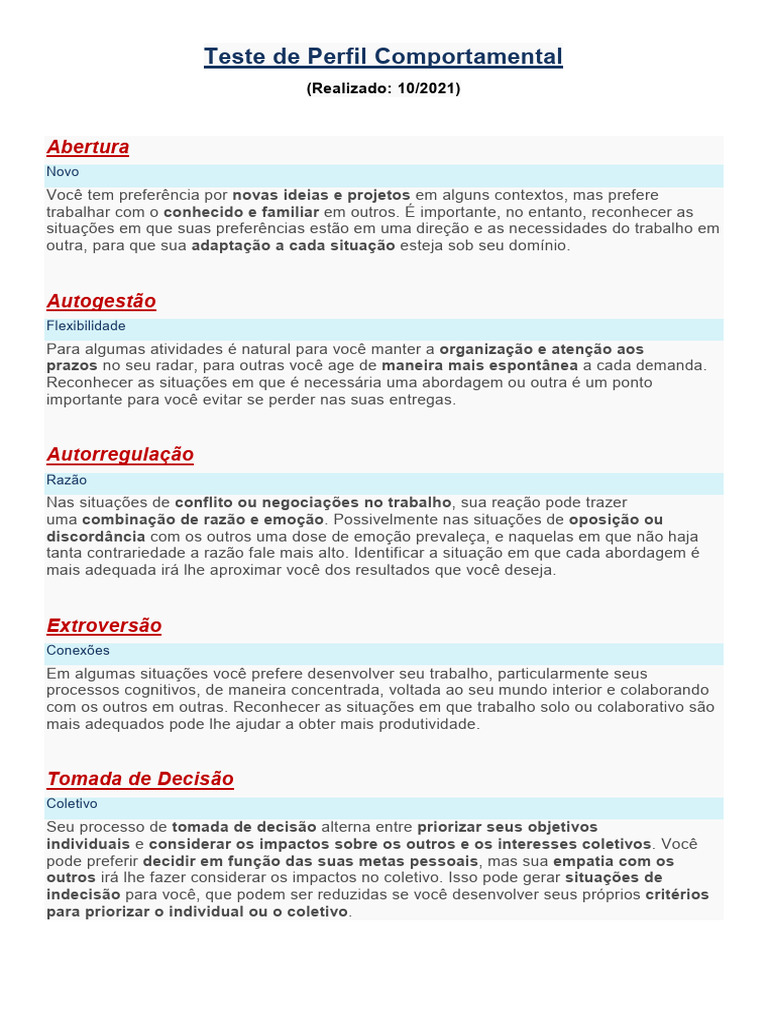 Teste de Perfil Comportamental 2021 | PDF