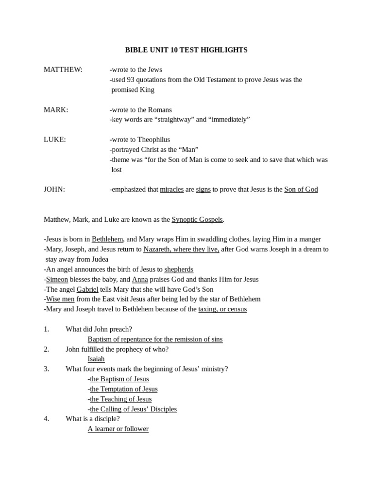 Bible Unit 10 Test | PDF | Jesus | Gospel Of Matthew