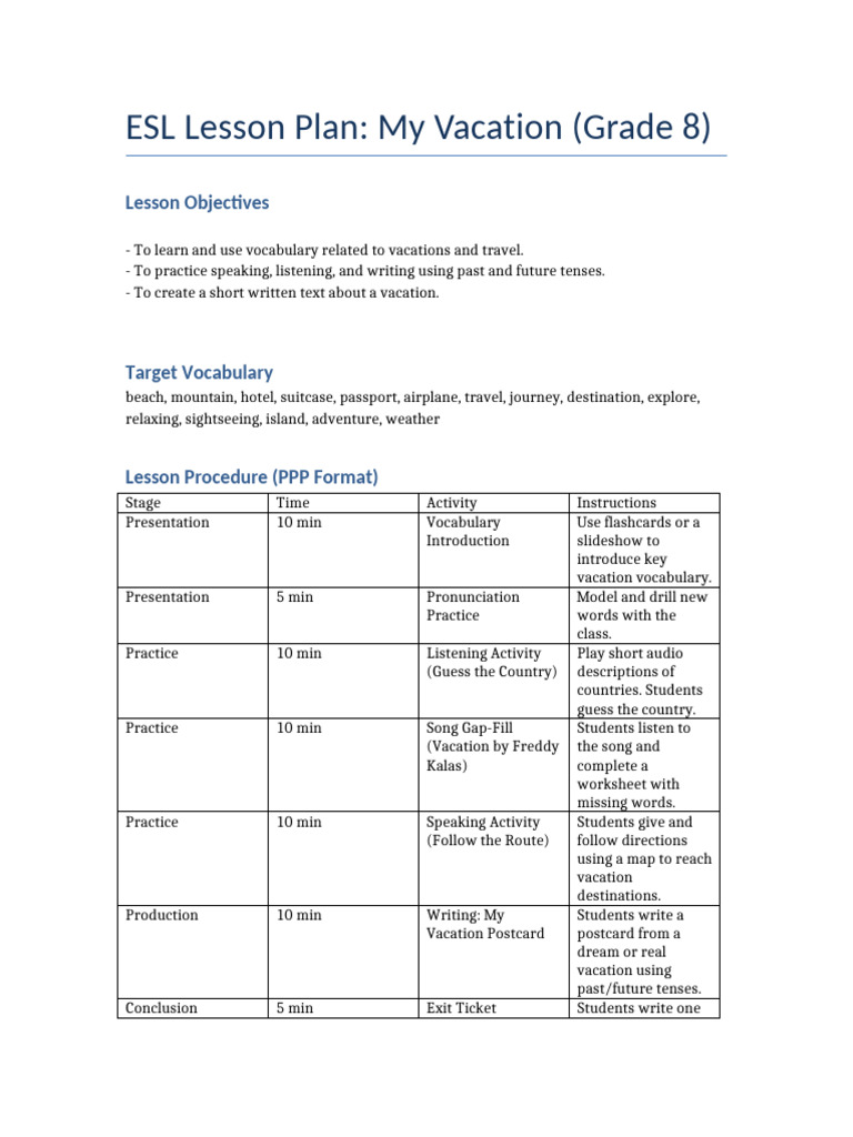 My Vacation Lesson Plan Grade8 | PDF | Learning | Linguistics