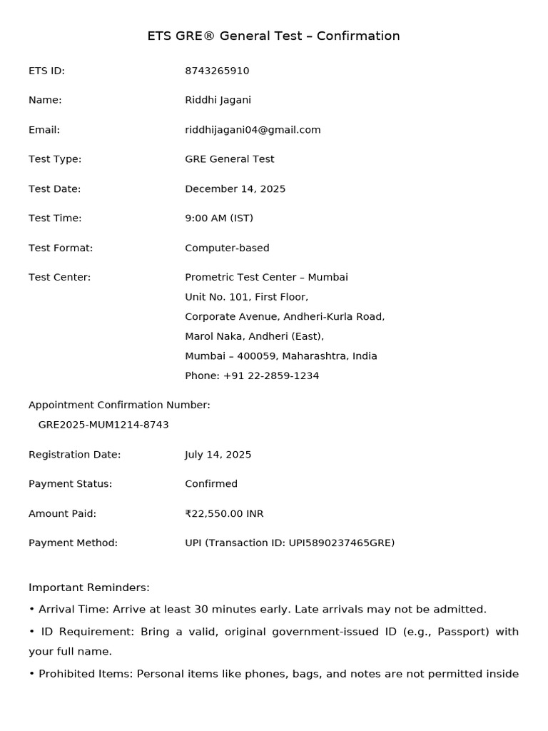 GRE Booking Confirmation Riddhi Jagani Fixed | PDF