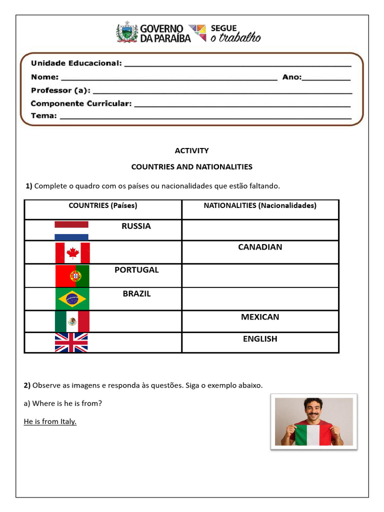 Where Are You From - Countries and Nationalities - 9º Ano - 15-07-25 | PDF