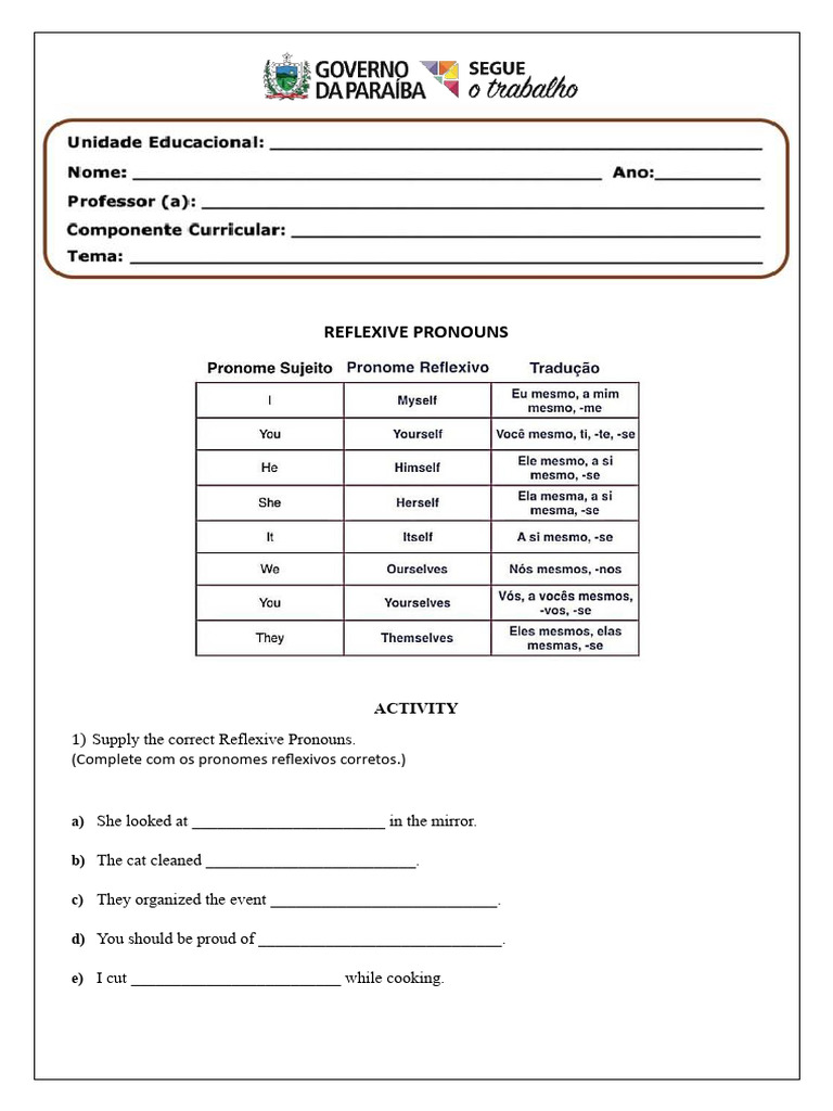 Reflexive Pronouns Practice Exercises | PDF