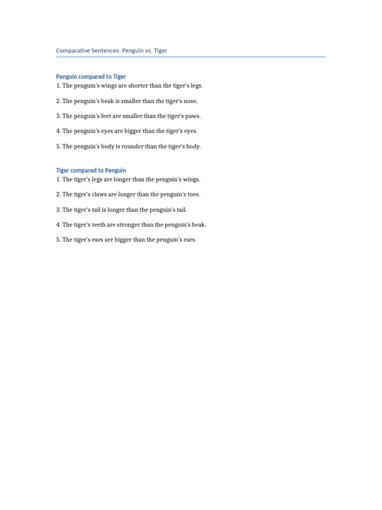 Comparative Sentences Penguin Vs Tiger | PDF
