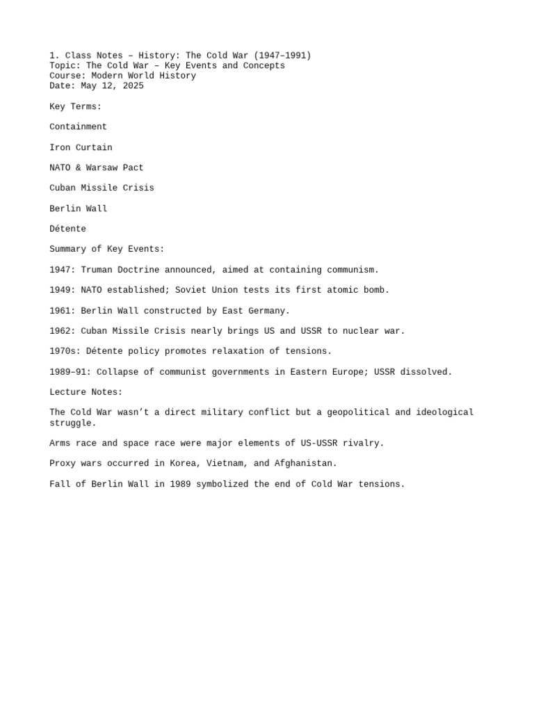 Class Notes - History - The Cold War | PDF