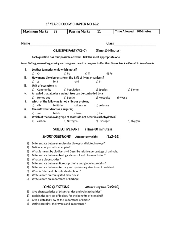 1st YEAR BIOLOGY CHAPTER NO 1 and 3 | PDF | Proteins | Biology