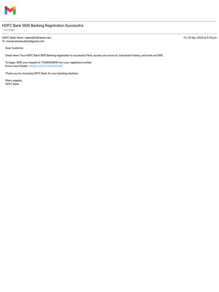 Gmail - HDFC Bank SMS Banking Registration Successful | PDF