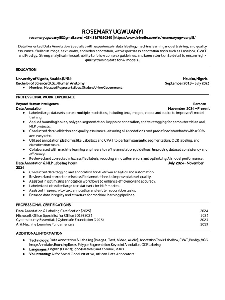 Rosemary Ugwuanyi Resume - DLL | PDF | Annotation | Artificial Intelligence