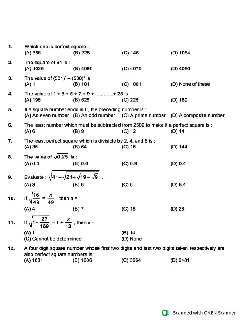 PW Homework Square and Square Root | PDF