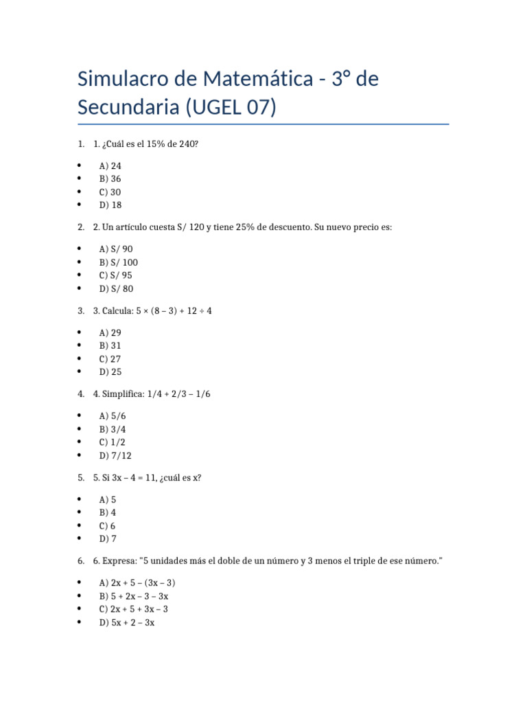 Simulacro Matematica UGEL07 TerceroSecundaria | PDF