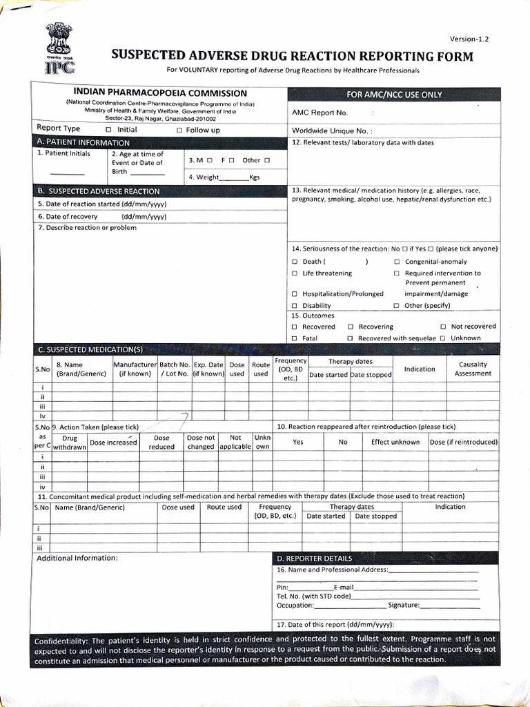 IPC ADR Reporting Form | PDF | Pharmacovigilance | Health Care