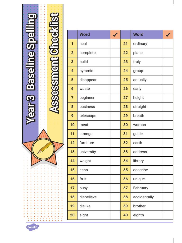 Year 3 Baseline Spelling Assessment Checklist 2xa4 | PDF