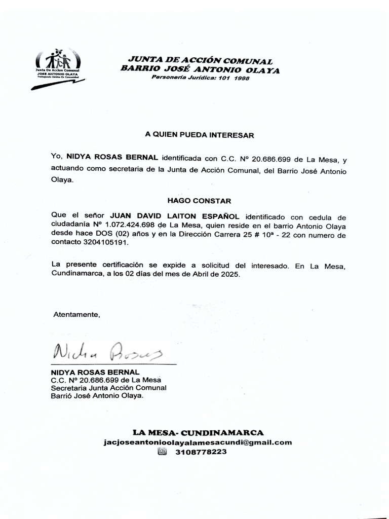 Carta de Junta de Acción Comunal | PDF