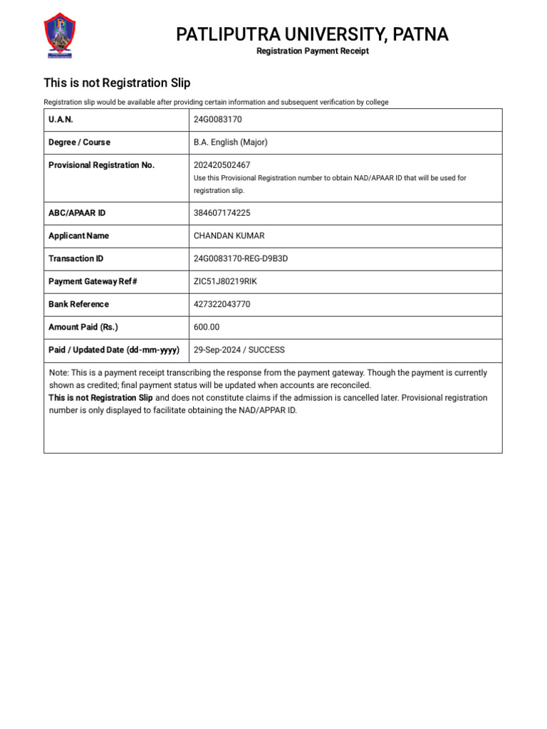 PPU Registration Payment Receipt Details | PDF