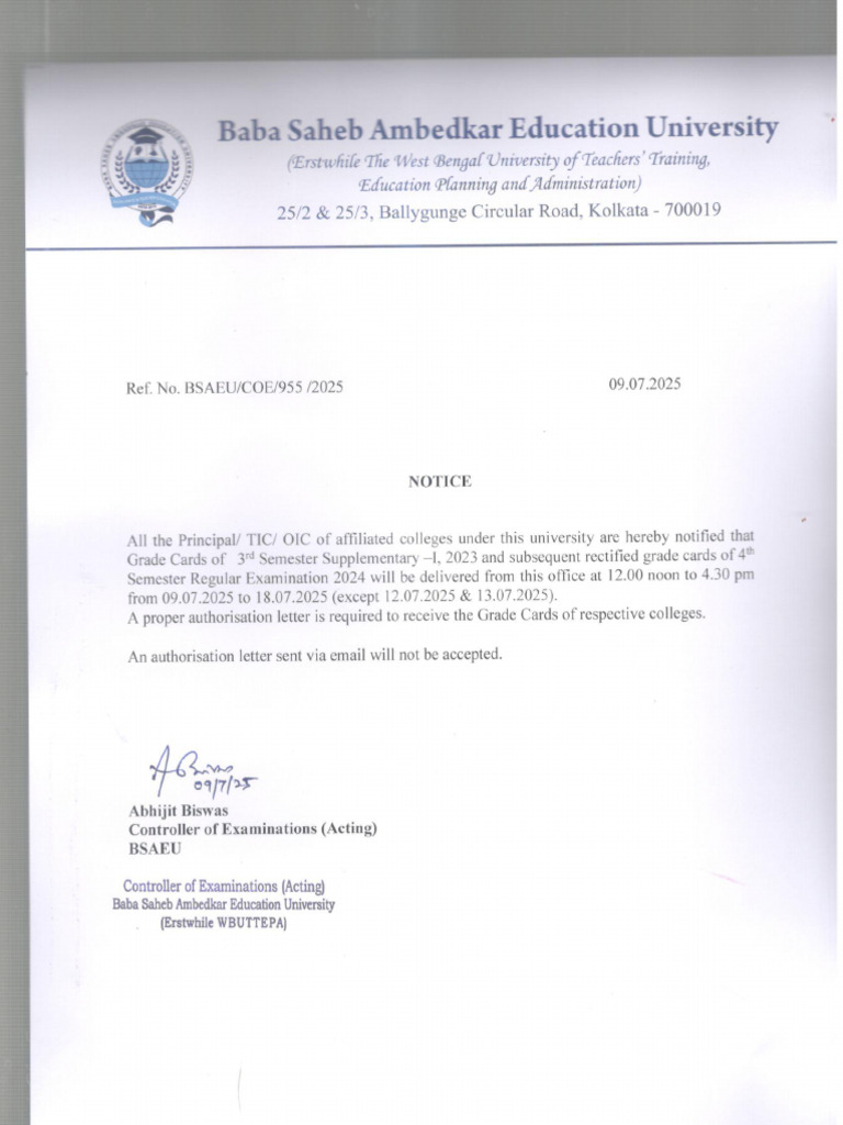Notice For Grade Card Distribution | PDF