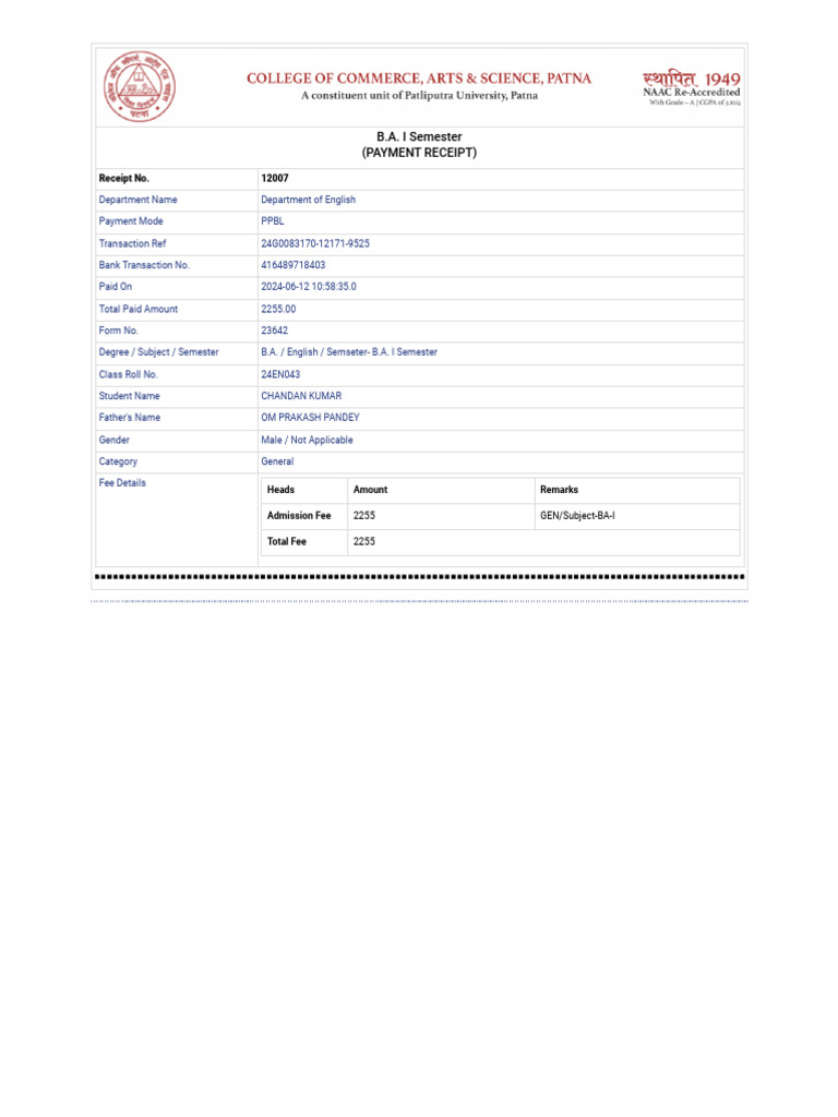 B.A. I Semester Payment Receipt | PDF