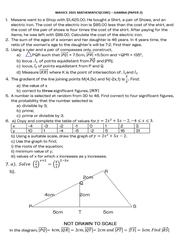 WASSCE 2025 Core Maths Questions Gambia | PDF