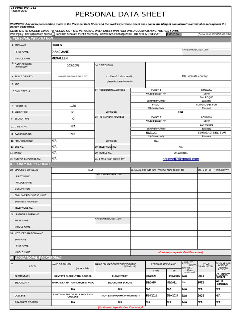 Personal Data Sheet CS Form No. 212 Revised 2017 | PDF | Justice ...