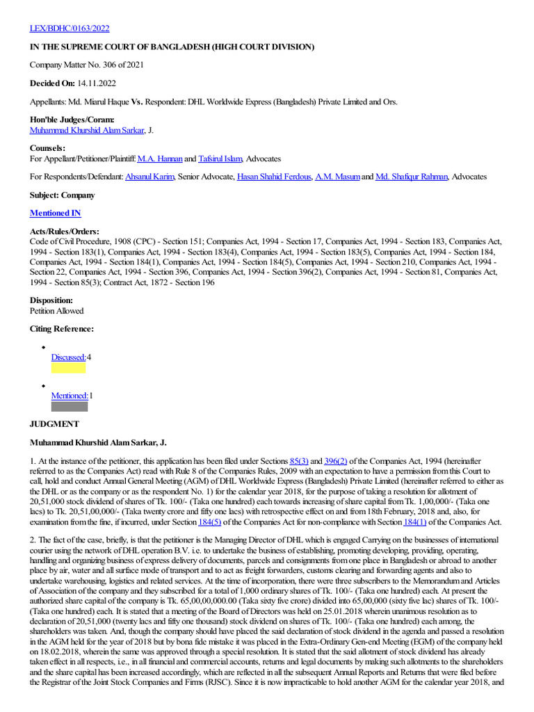 Group 7 Miarul Haque vs. DHL Worldwide Express Bangladesh Limited | PDF | Dividend | Board Of ...