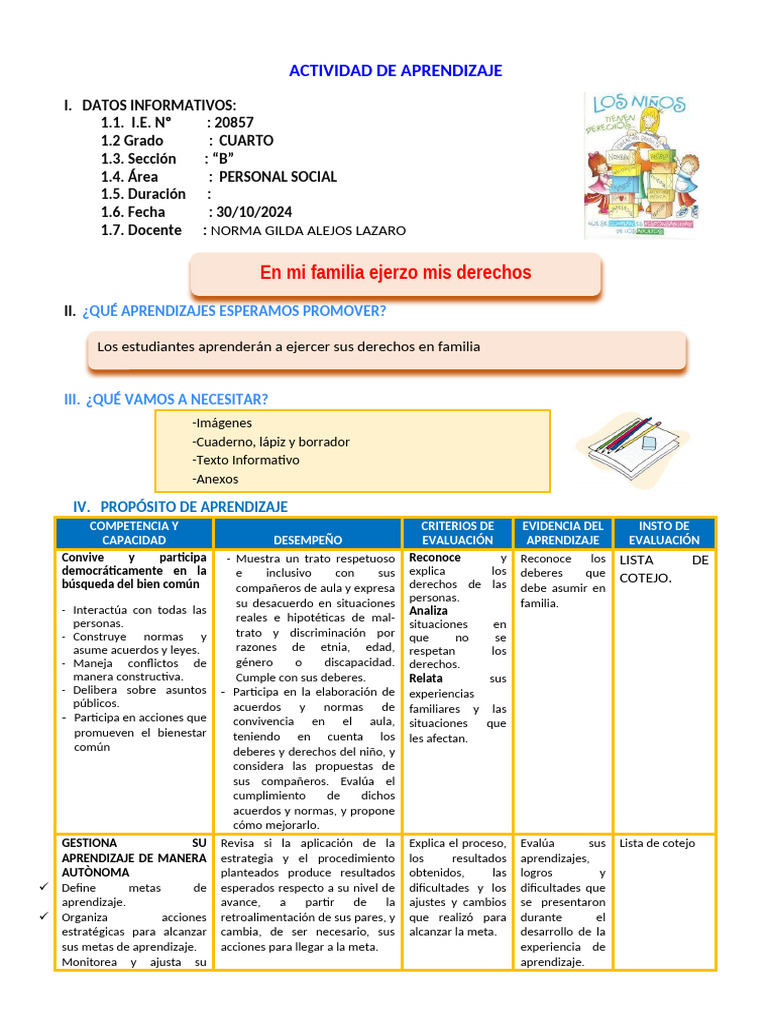 D1 A2 SESION PS. en Mi Familia Ejerzo Mis Derechos | PDF | Aprendizaje ...