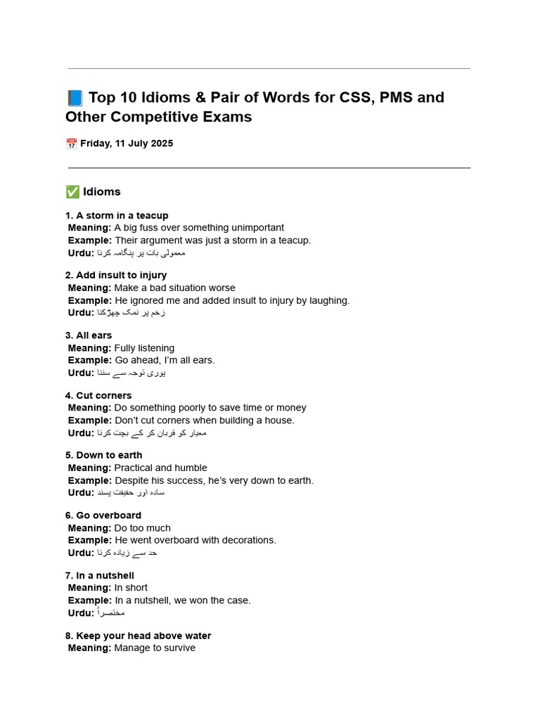 Top 10 Idioms & Word Pairs for Exams | PDF | Chess Openings | Chess Theory