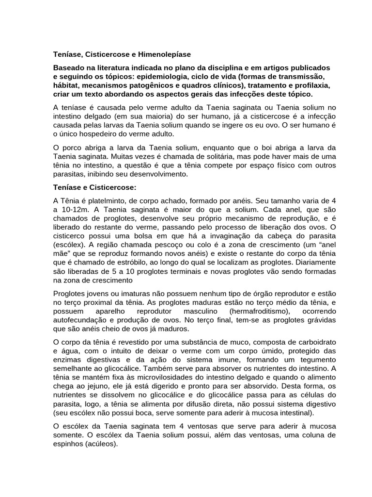 Teníase e Cisticercose: Epidemiologia e Tratamento | PDF ...