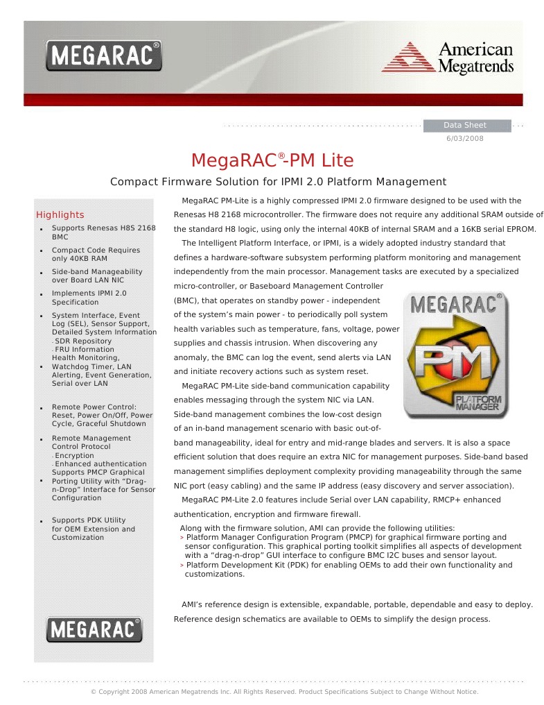 MegaRAC Compact Firmware Solution For IPMI 2.0 Platform Management ...