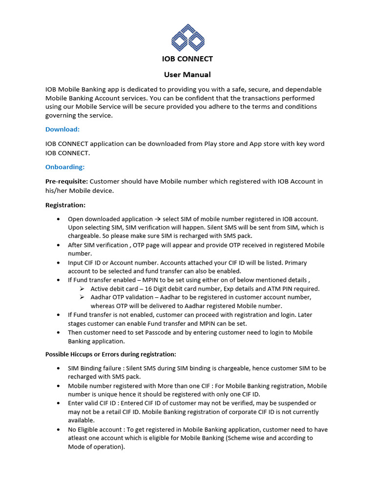 IOB Connect Mobile Banking User Guide | PDF | Debit Card | Payments