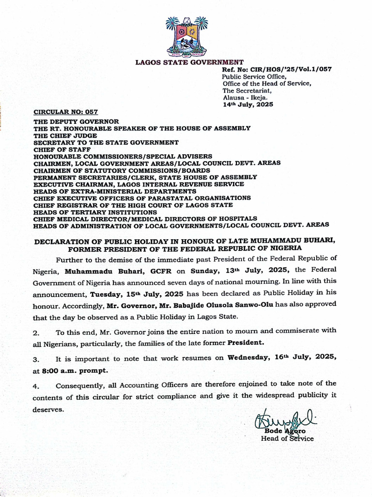 Declaration of Public Holiday in Honour of Late Muhammadu Buhari ...