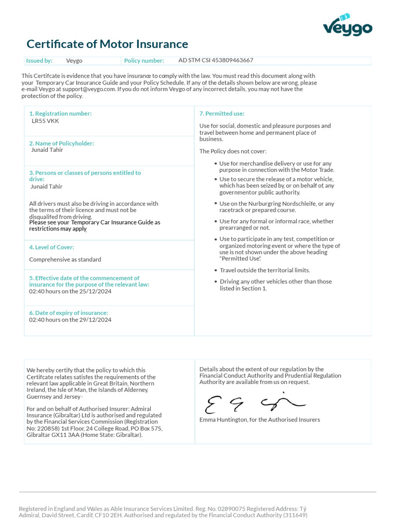 Certificate of Motor Insurance | PDF | Vehicle Insurance | Insurance