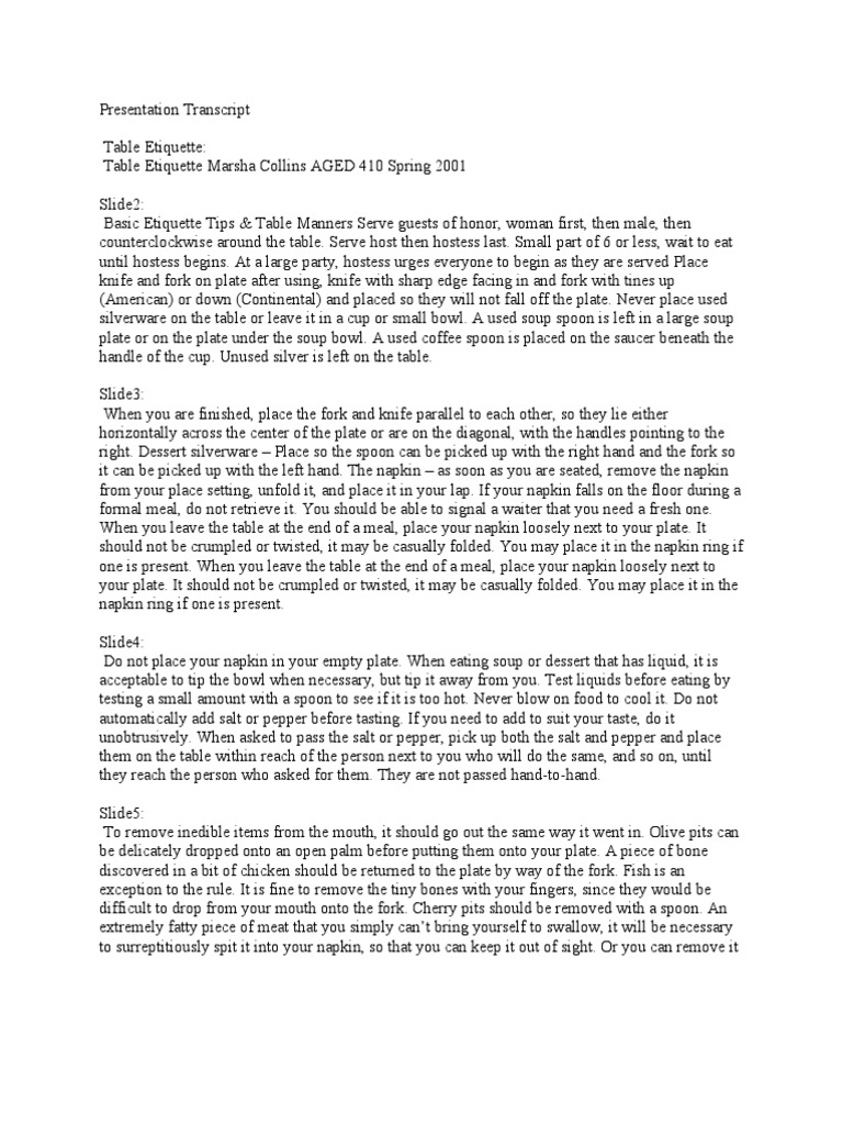 Table Etiquette Script 25 Slides | PDF | Tableware | Food And Drink