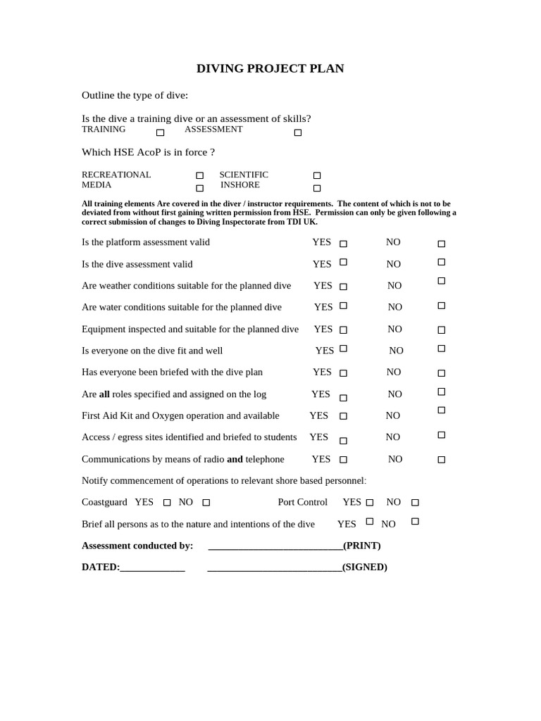 Diving Project Plan Checklist | PDF