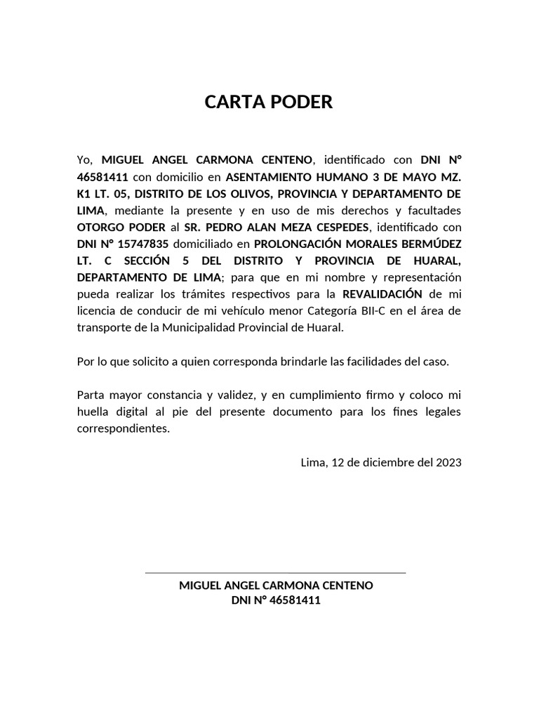 Modelo de Carta Poder para Trámites | PDF