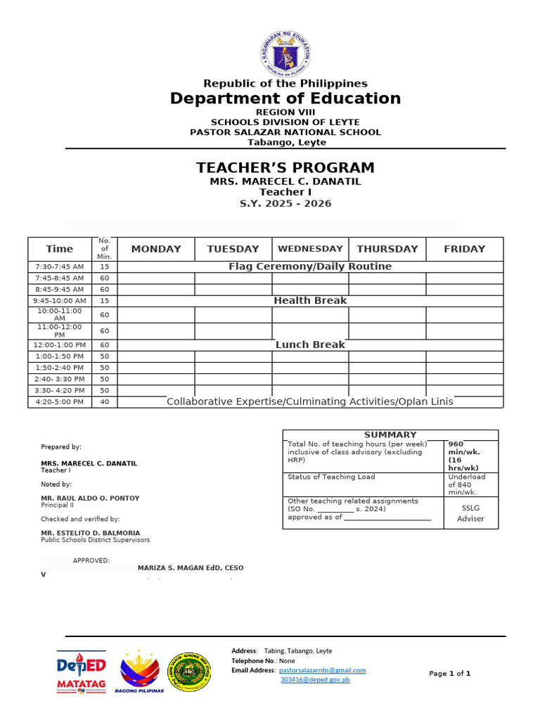Teachers Program New Template JHS 2025 2026 | PDF