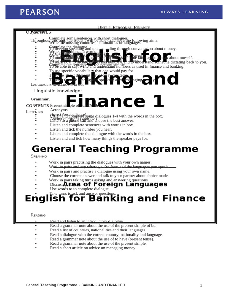 English For Banking and Finance Level 1 | PDF | Vocabulary | English ...