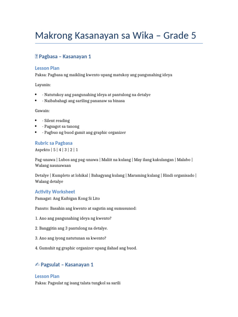 Makrong Kasanayan Grade5 Pagbasa Pagsulat Panonood | PDF