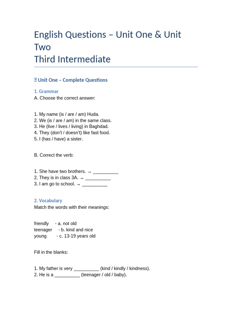 English Questions Unit1 Unit2 3rd Intermediate | PDF | Linguistics