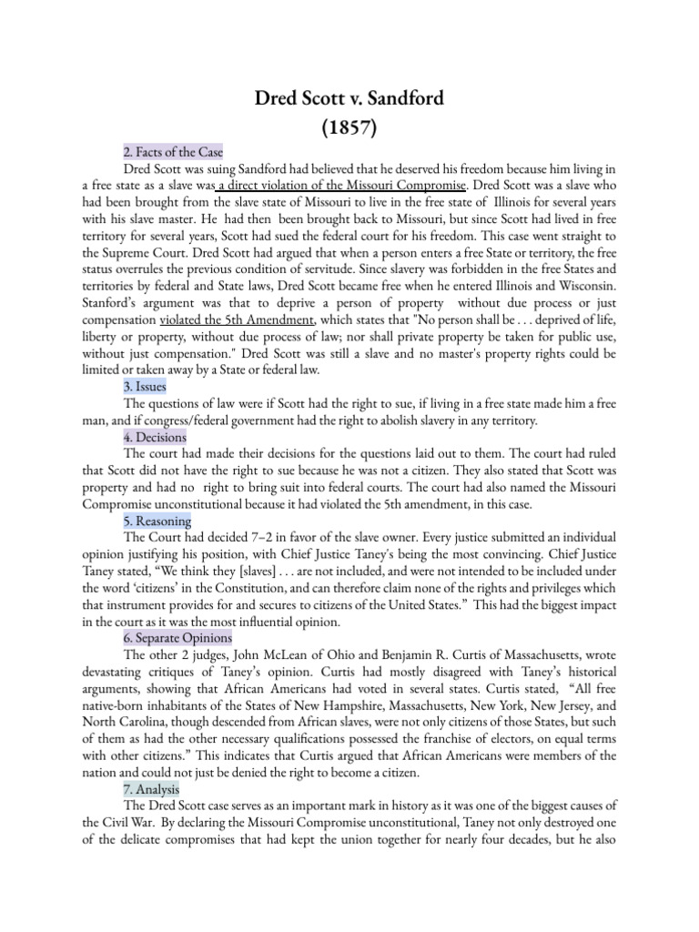 Dred Scott v. Sandford Case Summary | PDF | Dred Scott V. Sandford ...