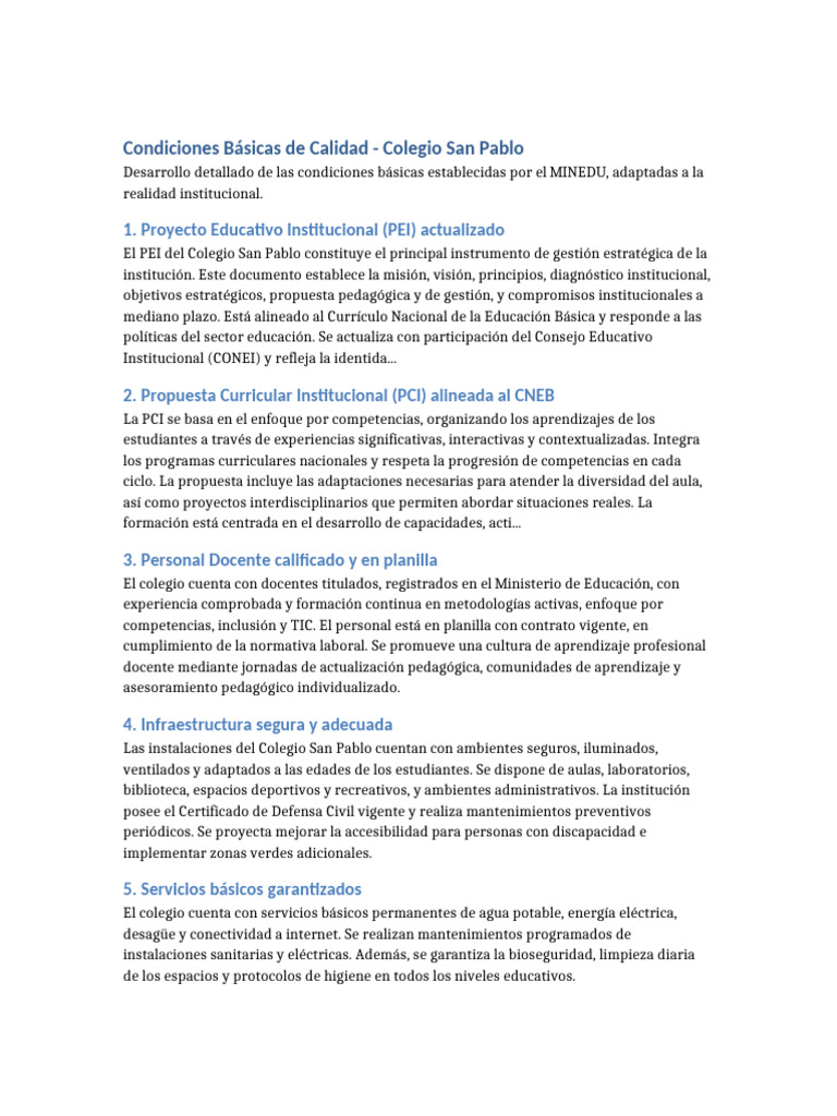 Condiciones Basicas Desarrolladas Colegio San Pablo | PDF | Plan de estudios | Aprendizaje