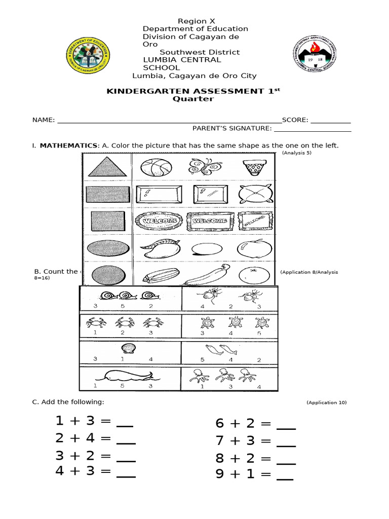 First Grading Exam Kinder | PDF