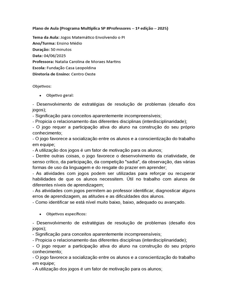 Plano de Aula Multiplica | PDF | Aprendizado